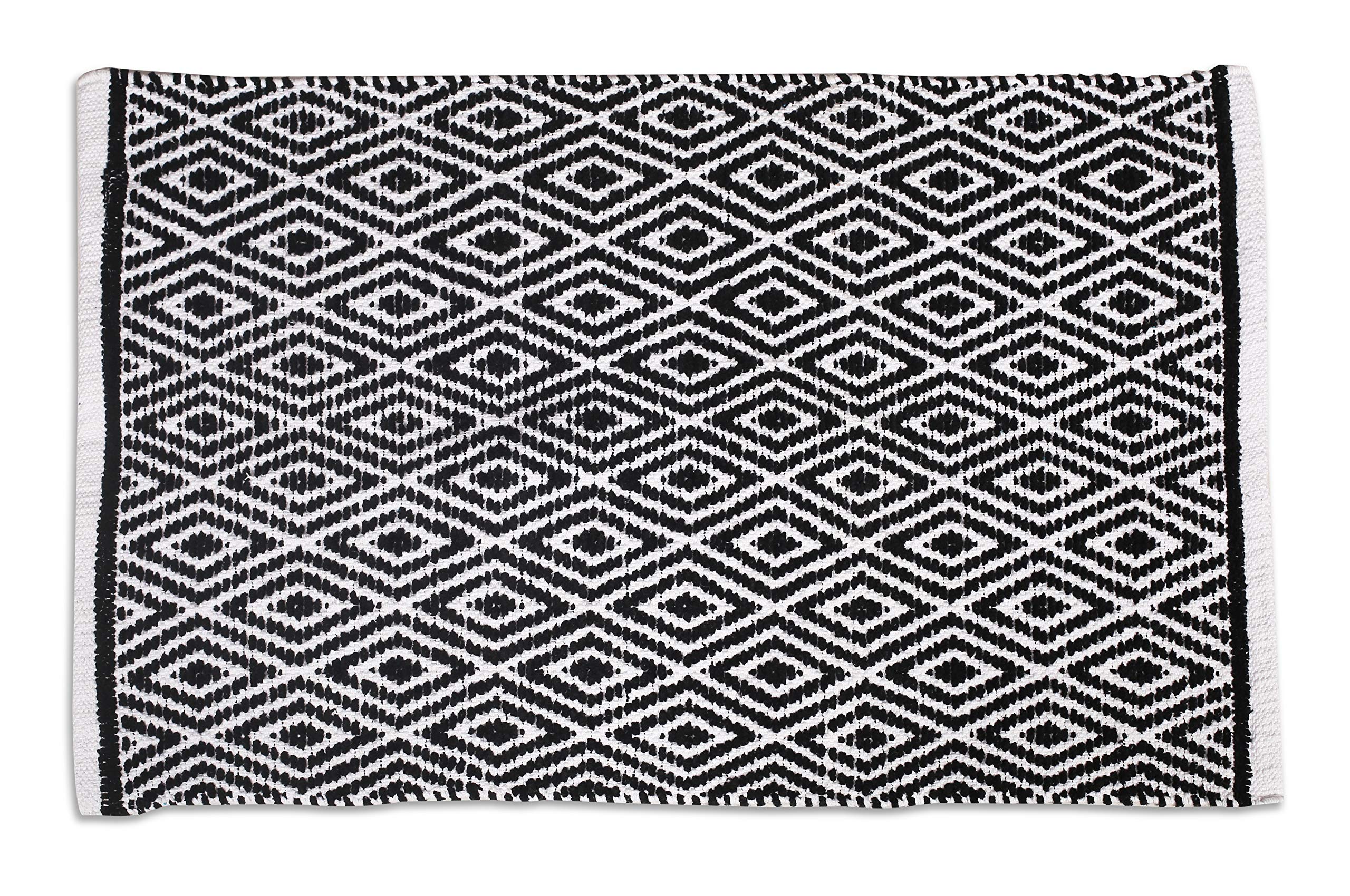 THE BEER VALLEY Cotton Diamond Rug 21x34 Inches - Black, Reversible Machine Washable Accent Rugs for Bedroom, Kitchen, Entryway, Bathroom