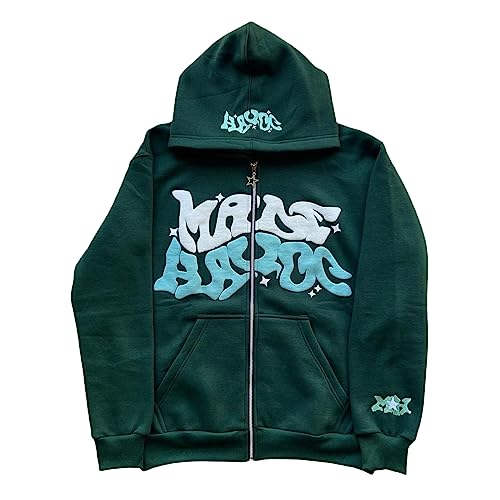 MOLERFO Womens Long Sleeve Zip Up Star Graphic Hoodies Jacket Aesthetic Harajuku Oversized Sweater Y2k Streetwear (Green,Large)