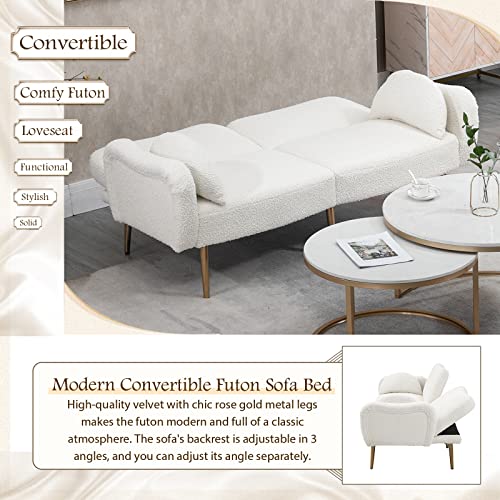 Modern Velvet Futon Sofa Bed, Convertible Loveseat with 2 Crescent-shaped Pillows, Small Sleeper Sofa with 3 Adjustable Positions, Upholstered Living Room Couch with 7 Metal Tapered Legs, White Teddy