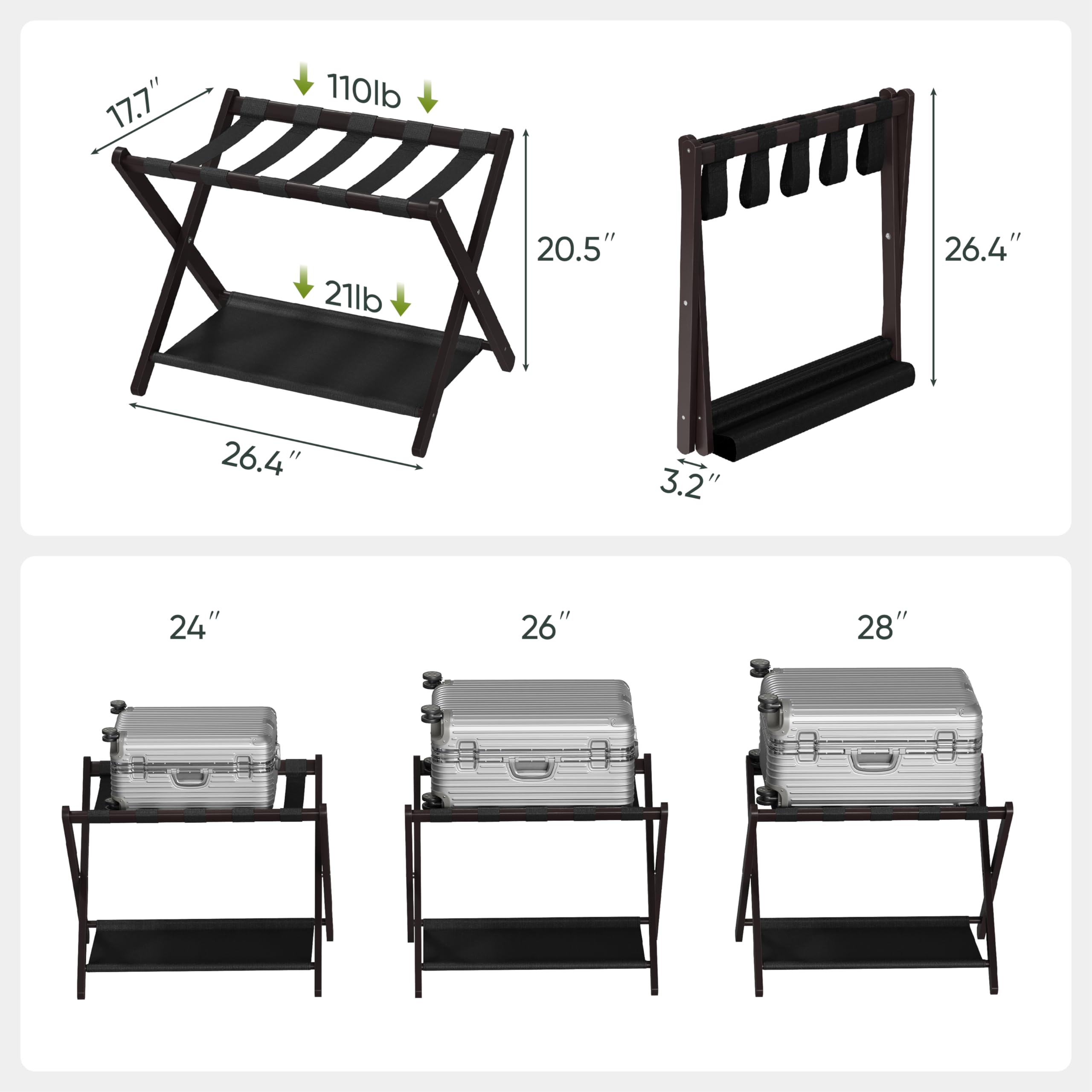 Smart FENDEE 2 Pack Luggage Rack, Folding Luggage Rack for Guest Room, Brown Bamboo Suitcase Stand Holds up to 131 lb, Luggage Stand with Storage Shelf for Hotel, Bedroom