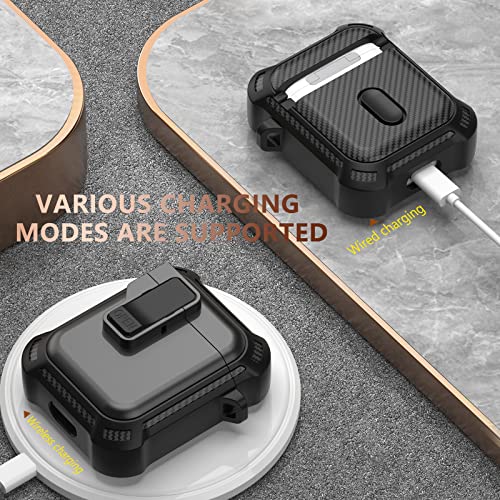 Polislime AirPods Case Cover with Cleaner kit & Magnetic Anti-Lost Straps,Secure Lock Clip with Carbon Fiber Protection Design Case Shell for Apple Airpod Case 2nd &1st Generation -【5 in 1】 Black