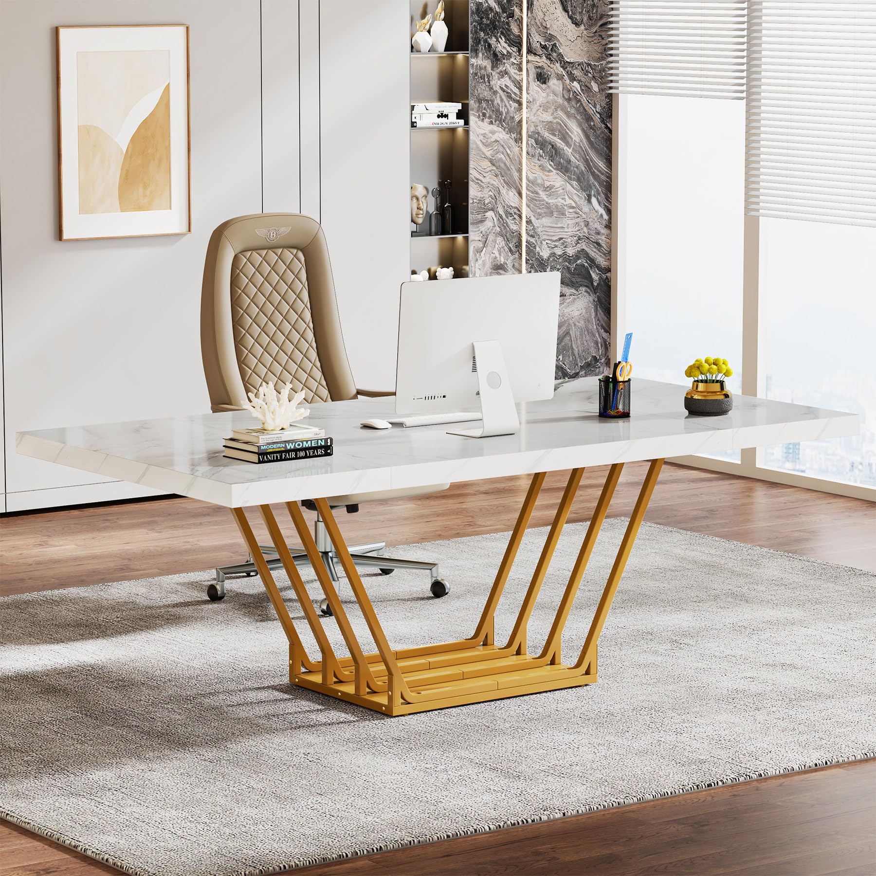 Tribesigns 63-Inch Modern Computer Desk, White Executive Desk with Gold Metal Frame, Large Office Desk Workstation Business Furniture for Home Office, Easy Assembly, Only Desk