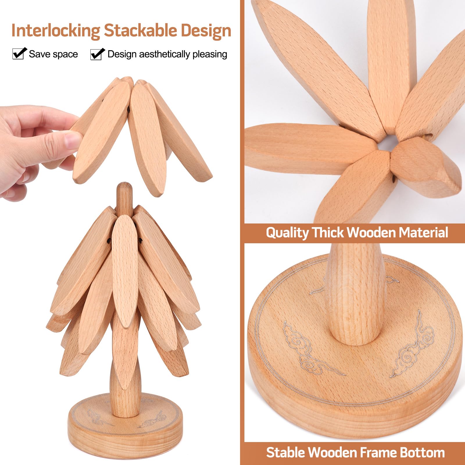 Wooden Trivets for Hot Dishes,Christmas Tree Trivet,Wooden Tree Coasters Store Like a Christmas Tree - 4 Wooden Trivet + 1 Stand