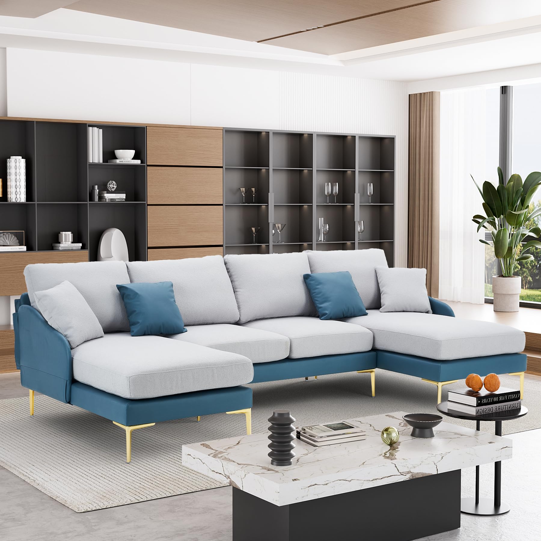 OUYESSIR U Shaped Sectional Sofa Couch, 4 Seat Sofa Set with Double Chaise, 108.5" U-Shaped Modern Fabric Sofa Sleeper with 4 Throw Pillows for Living Room, Blue