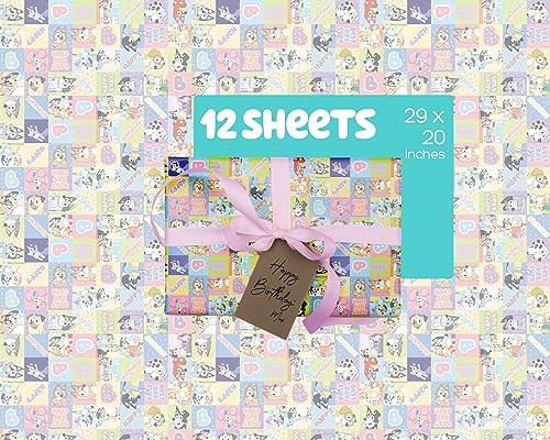 Peri Foi Happy Birthday Wrapping Paper Sheets - Blue Dog Cartoon Character Theme Designs for Boy Girl Kids Christmas, Birthday, Daisy Patterns Gift Present Wrapper - 20 x29 Inch x12
