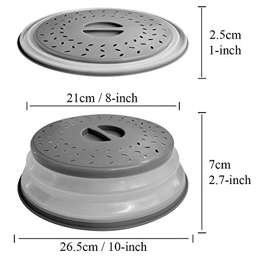 OUZIFISH Microwave Plate Cover 10.5 inch Collapsible Food Plate Lid Cover - BPA Free, Easy Grip, Microwave Plate Guard Lid With Steam Vent & Colander Strainer for Fruit (Grey)