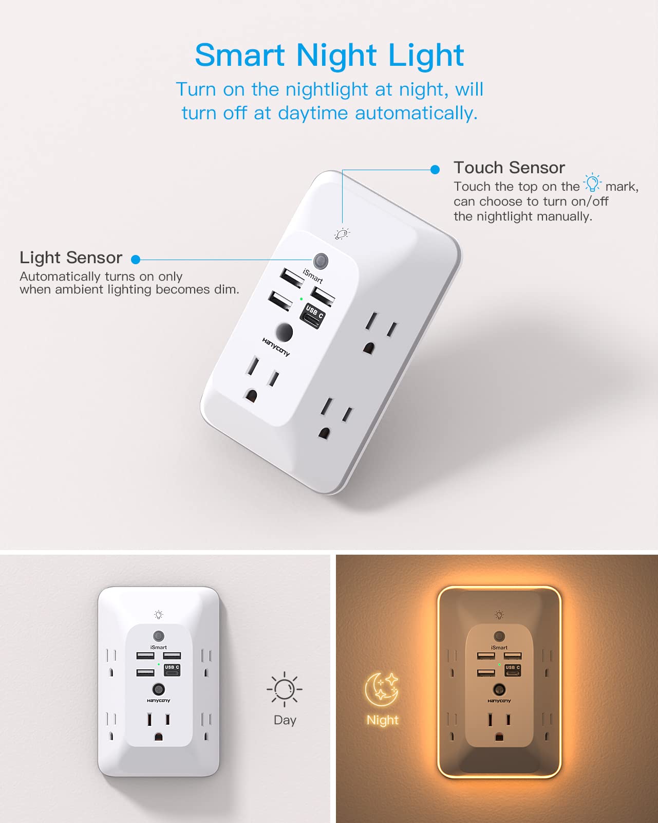 Outlet Extender with Night Light and Black 8 Outlets Power Strip Surge Protector with 4 USB Ports Bundle
