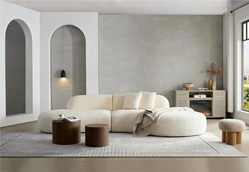 WAKEEPING 135" Oversized Modular Sofa with Chaise Longue,Minimalism Boucle Fabric Curved Sectional Couch,6 Seat Extra Deep Upholstered Couches with 2 Pillows for Living Room,Apartment,Office