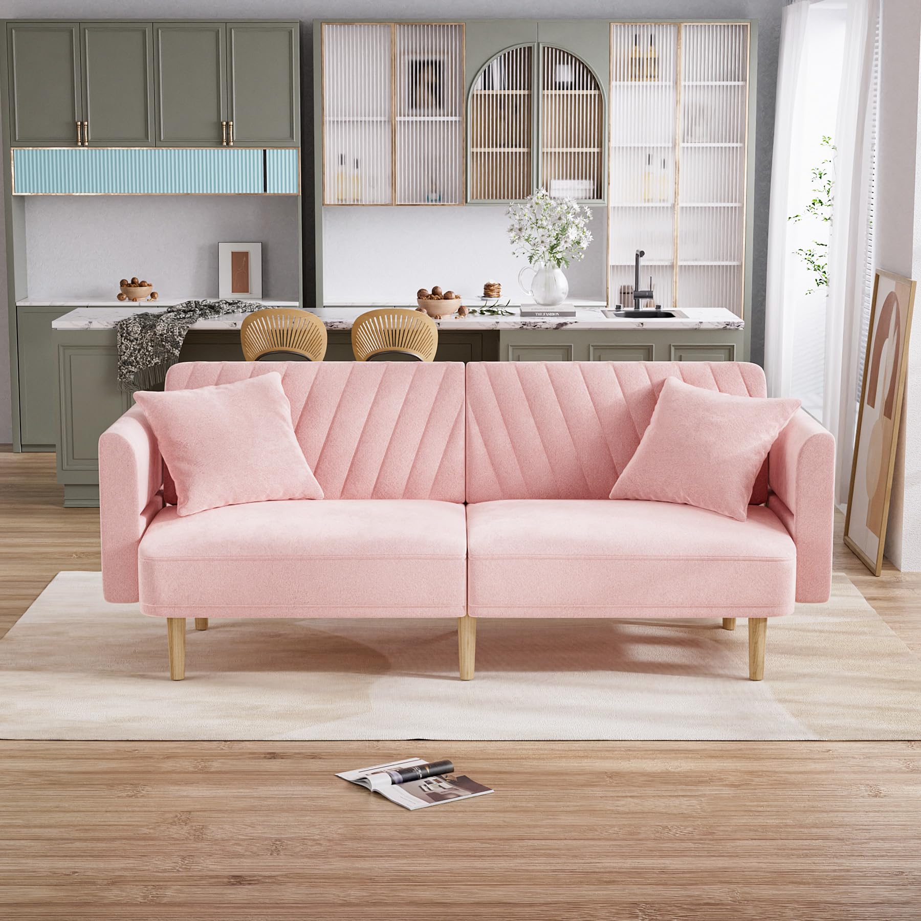 Nolohoo Velvet Futon Sofa Bed, Futon Couch, Small Sofa 75.3" Upholstered Comfy Loveseat Sleeper Sofa with Adjustable Armrests, Mid Century Couches for Living Room, Bedroom, Pink, Velvet