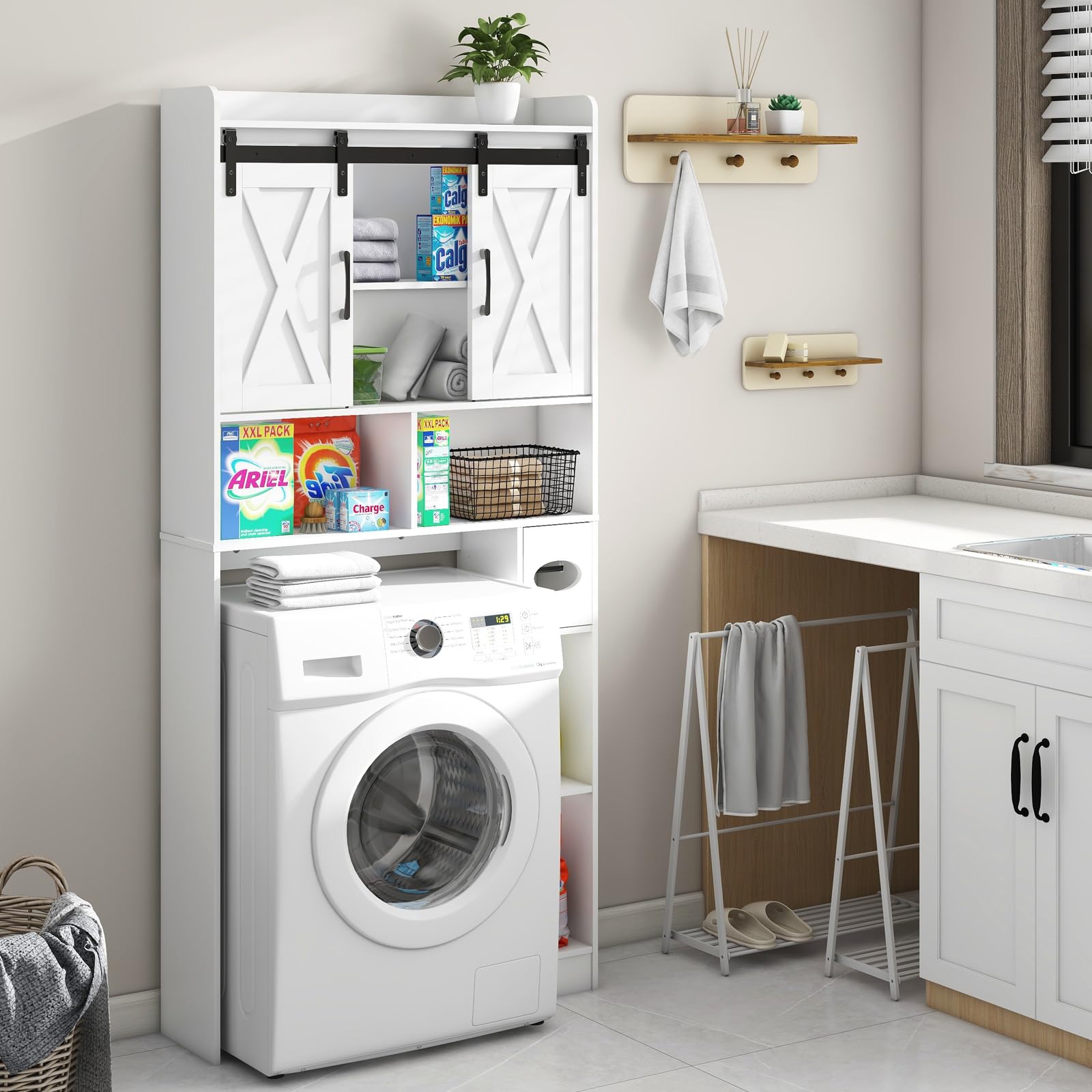 Over The Toilet Storage Cabinet, Farmhouse Storage Cabinet Over Toilet with Sliding Doors,Home Space-Saving Toilet Rack, for Bathroom, Restroom, Laundry