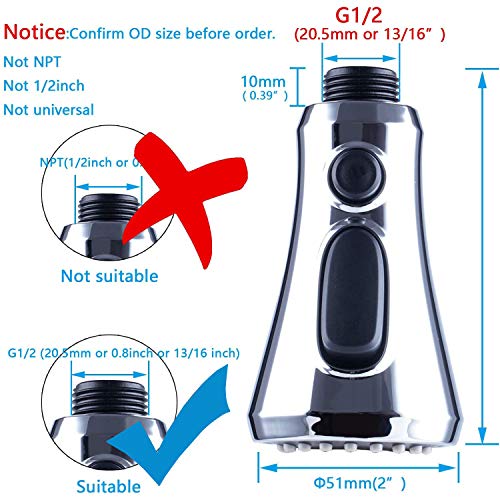 Kitchen Faucet Sprayer Head Replacement, 3-Function Pull Down Sink Faucet Head with 20.5mm or 0.8inch Male Connector, Chrome