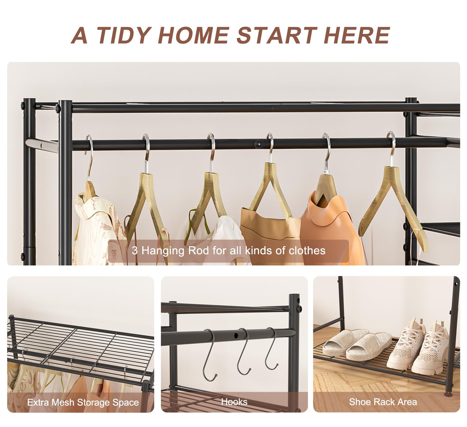 Portable Closets for Hanging Clothes, Freestanding Clothing Rack with 3 Hang Rods & 5 Shelves, Metal Wardrobe Garment Rack for Bedrooms Entrances