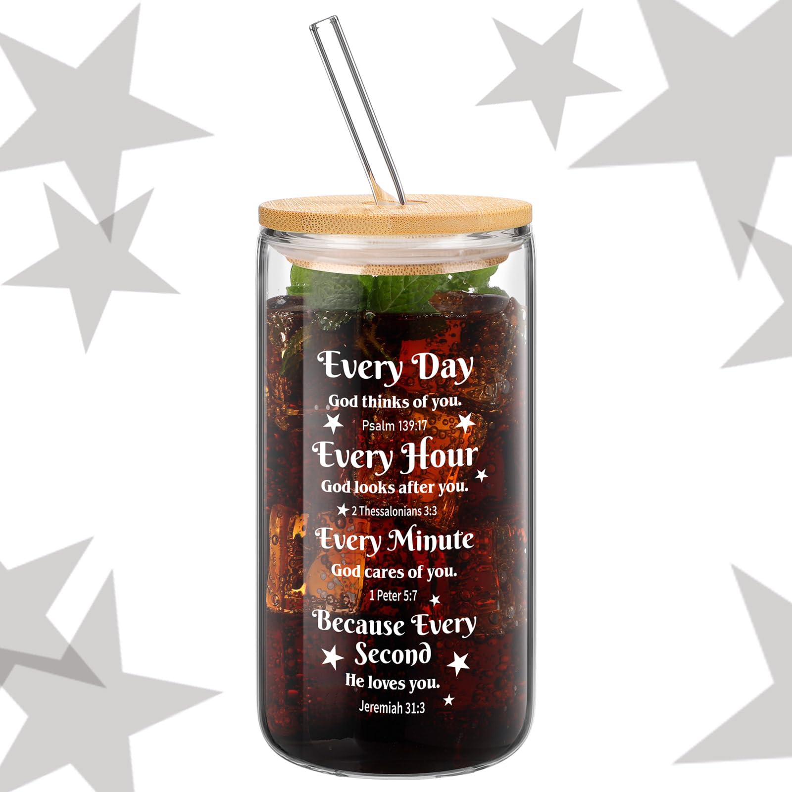 Karenhi Christmas Glass Cups Christian Tumbler Cup Glass Water Bottles Coffee Mugs Gifts for Women 16 oz Glass Bible Spiritual Glass Cups with Bamboo Lids and Glass Straw for Women(Star)