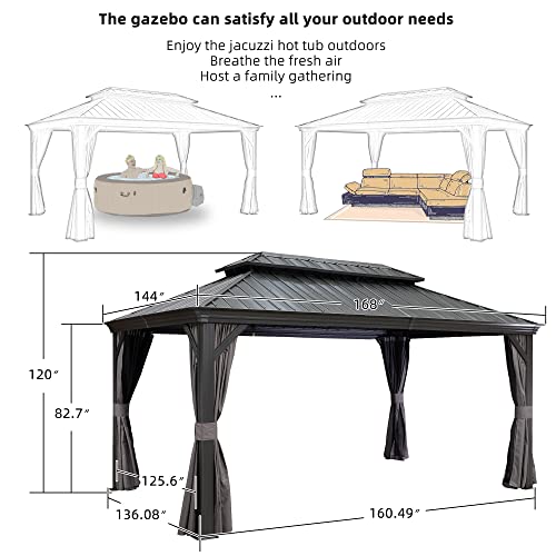 PURPLE LEAF 12' X 14' Hardtop Gazebo Aluminum Permanent Outdoor Gazebo with Galvanized Steel Double Roof for Patio Backyard Curtains and Netting Included Grey