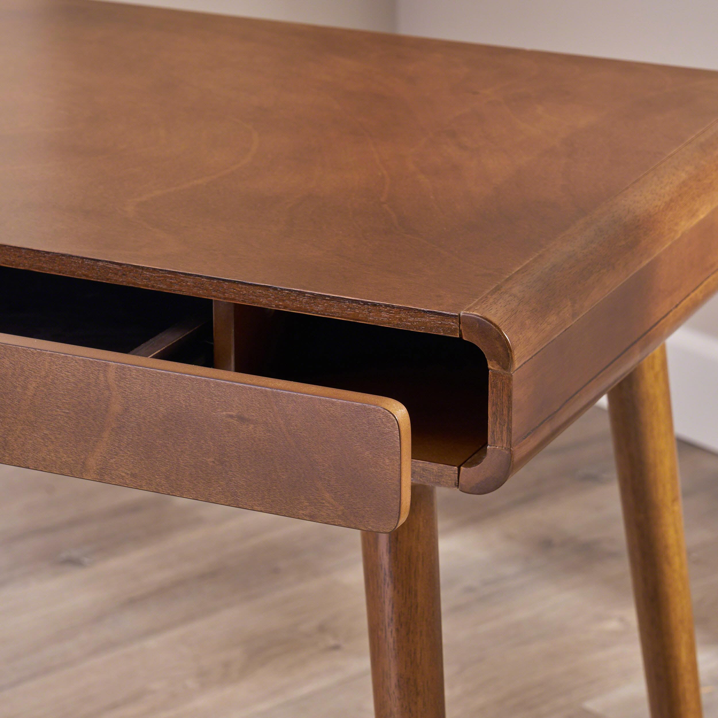 RuiSiSi Solid Wood Writing Desk, 40.1β Computer Desk with a Pull-Out Drawer and Solid Wood Legs, Mid Century Home Office Writing Sturdy Desk, Gaming Desk with for Small Space, Brown