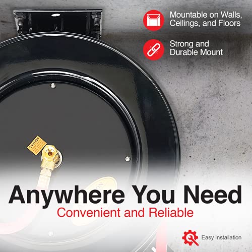 ReelWorks Air Hose Reel 3/8" Inch x 50' Foot SBR Rubber Hose Max 300PSI Commercial Steel Construction