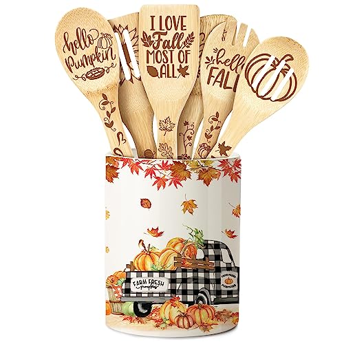 pinata Fall Kitchen Decor, Kitchen Utensil Holder for Countertop, Truck Pumpkin Kitchen Cooking Utensils Set with Holder, Kitchen Utensil Organizer with Bamboo Utensils(5.12" x 5.12" x 6.3")