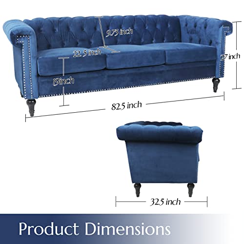 Vaztrlus Chesterfield Velvet Sofas for Living Room, Traditional Square Arm 3-Seater Sofa 82.5" Couch Deep Button Nailhead Tufted Blue Upholstered Couches Removable Cushion Easy to Assemble