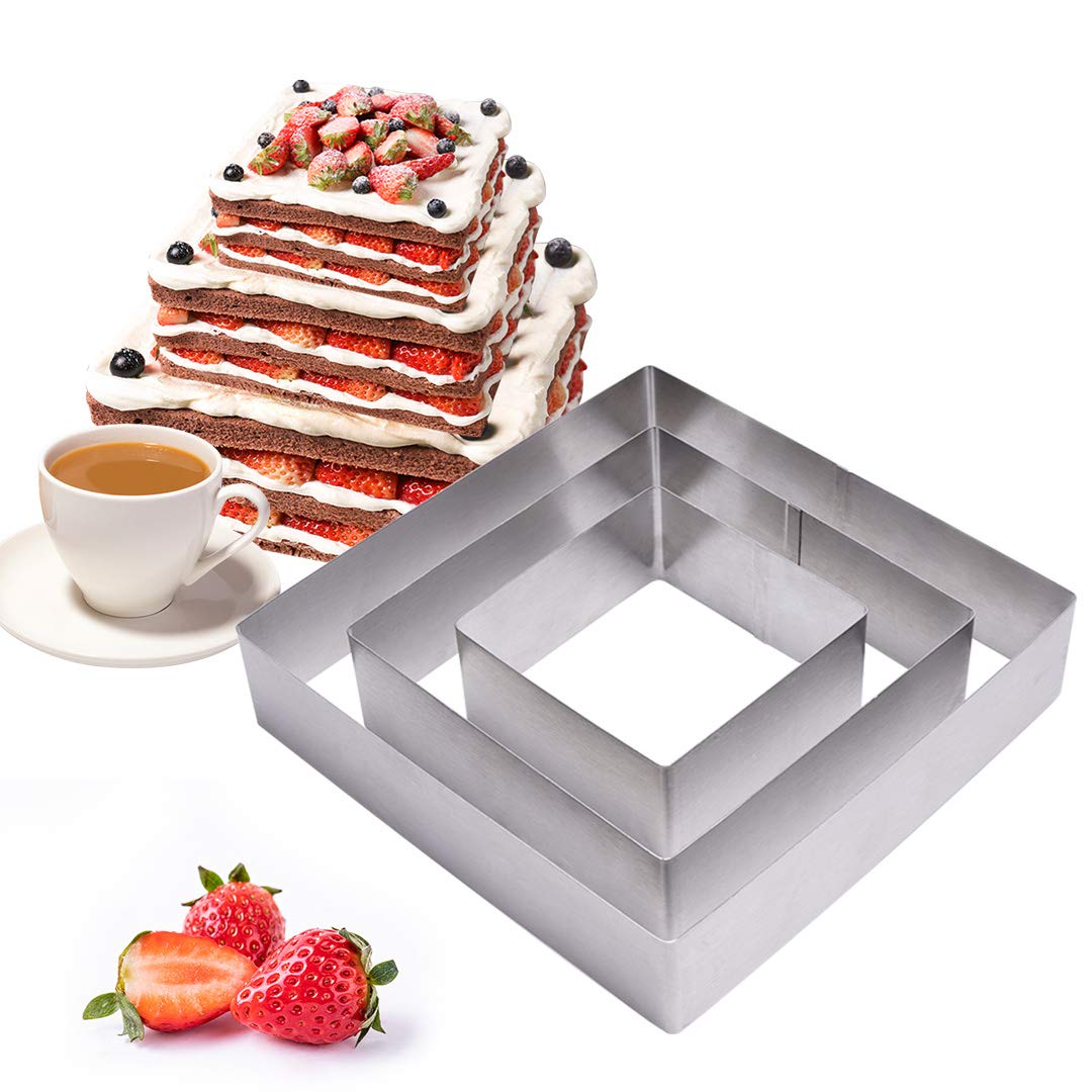 MEICHU Square Cake Ring 3 Pack, 4 to 7.8 Inch Stainless Steel Mousse Cake Mold Ring for Kitchen DIY Pastry