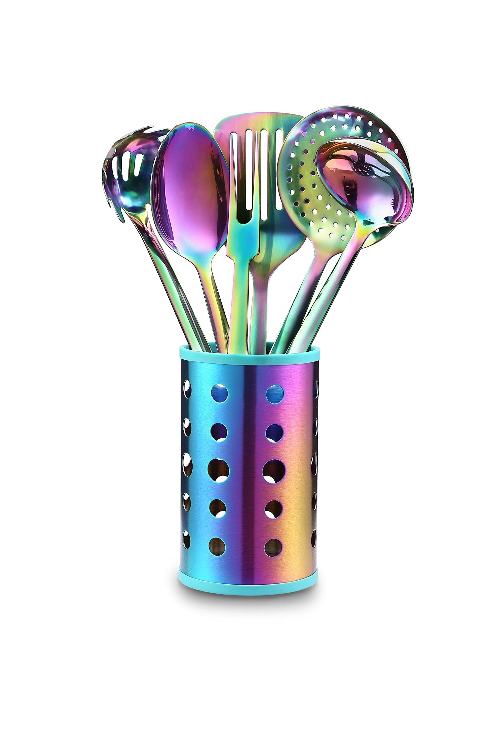 KYA35 14 PCS Rainbow Titanium Coating Cutlery Knives Block Set + KYA52B 7 PCS Stainless Steel Cooking Utensils Sets with Titanium Plated
