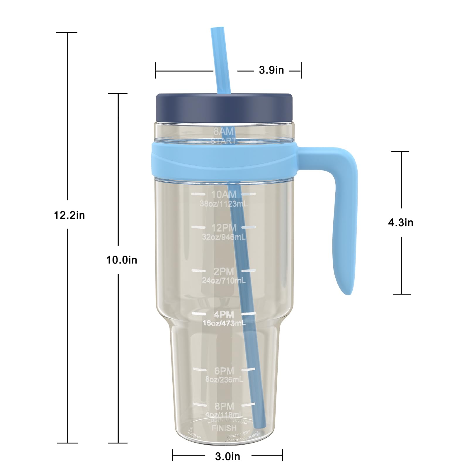 Tronco 50 oz Tritan Plastic Tumbler with Lid and Straw, BPA-Free Reusable Clear Water Bottle with Time Marker, 100% Leak Proof & Wide Mouth for Iced Coffee, Juice, Bubble Tea, Smoothies