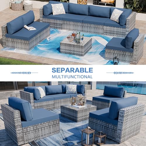 Shintenchi 7 Pieces Outdoor Patio Sectional Sofa Couch, Silver Gray PE Wicker Furniture Conversation Sets with Washable Cushions & Glass Coffee Table for Garden, Poolside, Backyard (Aegean Blue)