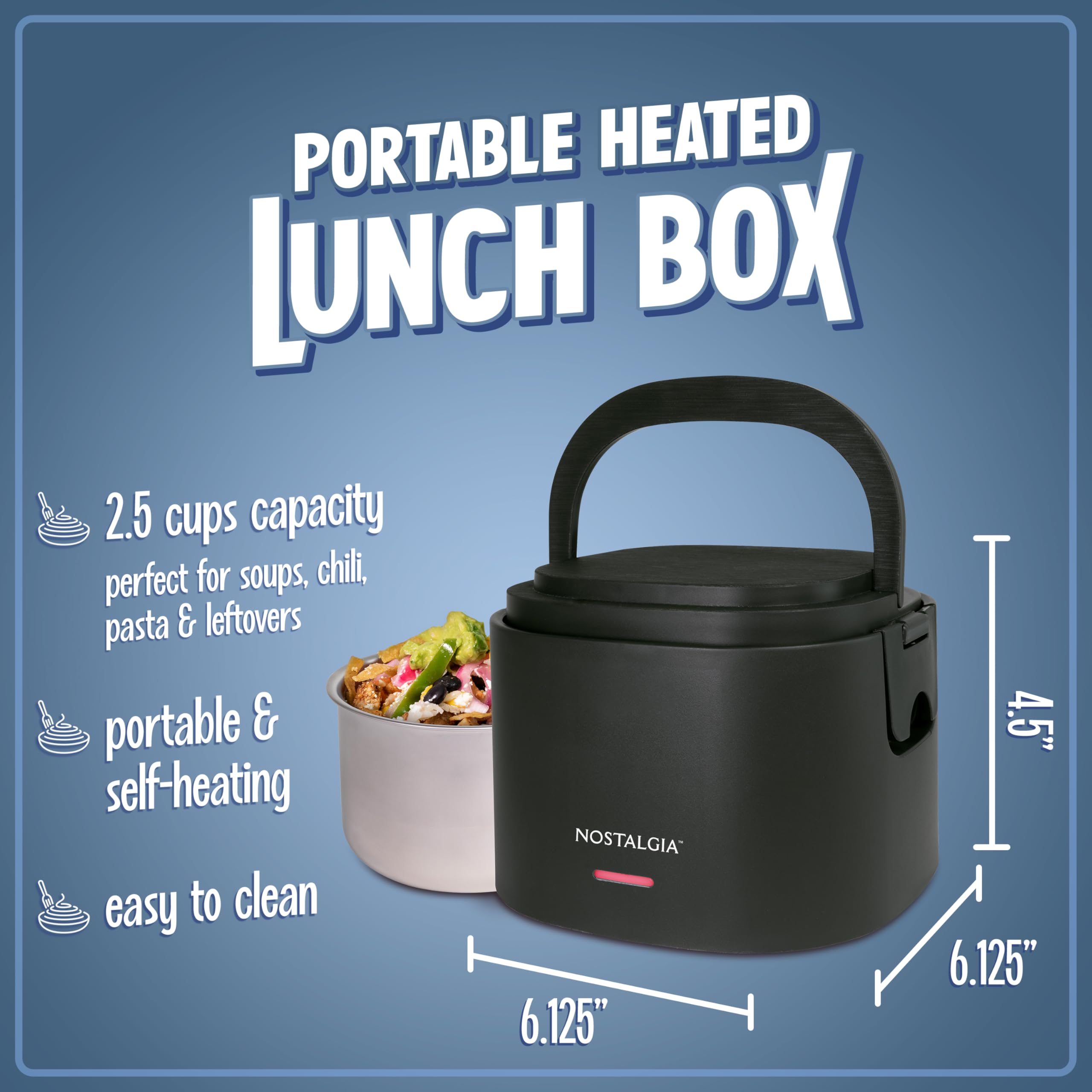 Nostalgia Portable 20-Ounce Electric Heated Lunch Box – Travel Size 2.5 Cup Capacity for Soup, Chili, and Leftovers – Leak Proof Silicone Sealed Lid, Foldable Carry Handle, Detachable Cord – Black