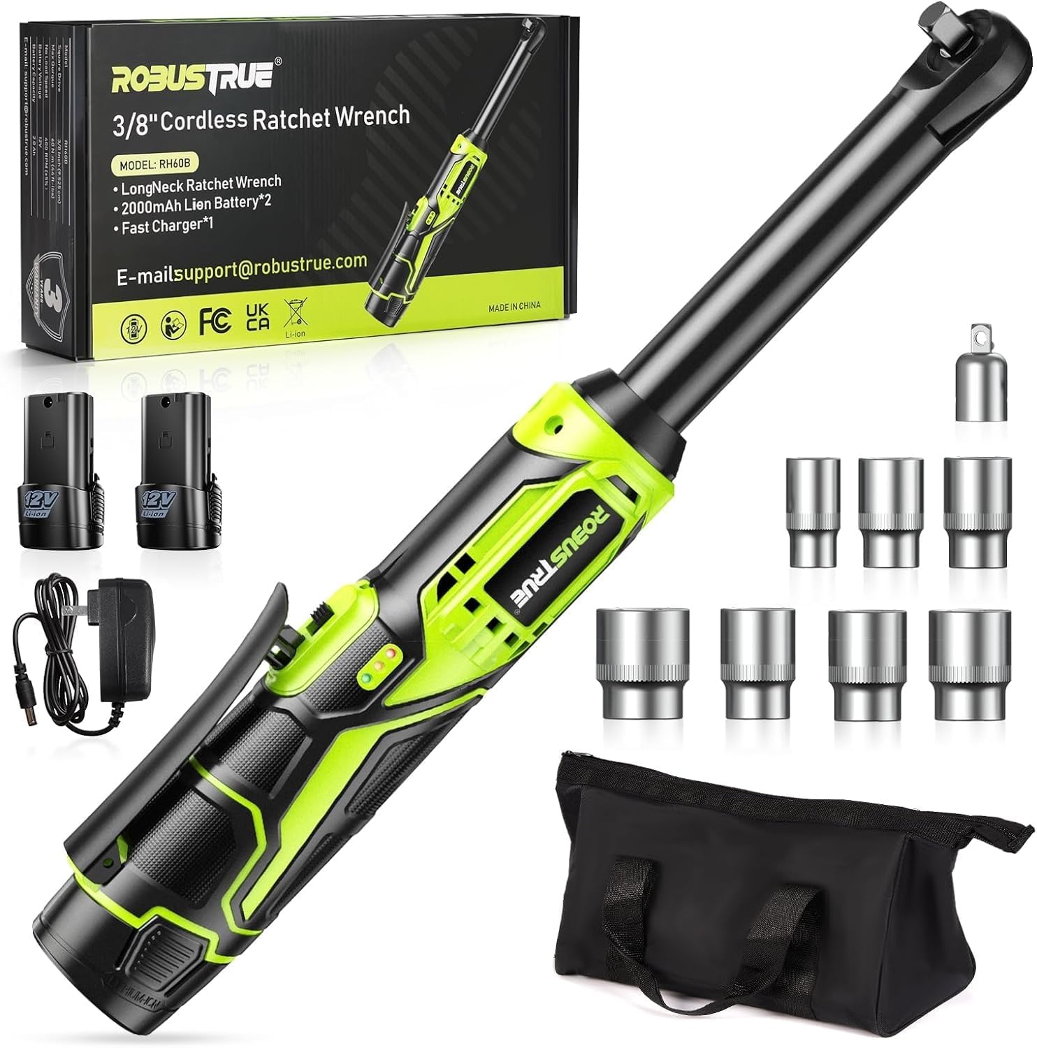 Robustrue 3/8" Cordless Ratchet Wrench, 6 inch Extended Ratchet Wrench, 40Ft-lbs 400RPM Cordless Ratchet, 2 Batteries Power Electric Ratchet Driver with Variable Speed, 7 Sockets, LED Light