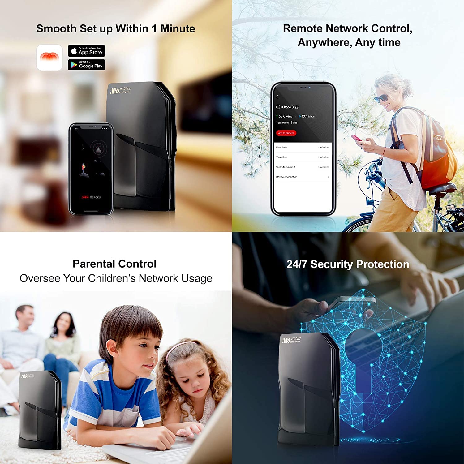 Mercku M6 Wi-Fi 6 Mesh Wi-Fi System 802.11ax Router Whole Home Coverages up to 3,000 sq.ft. Dual-Band Gigabit Wireless Internet App Control, 1 Pack, Cosmo Black