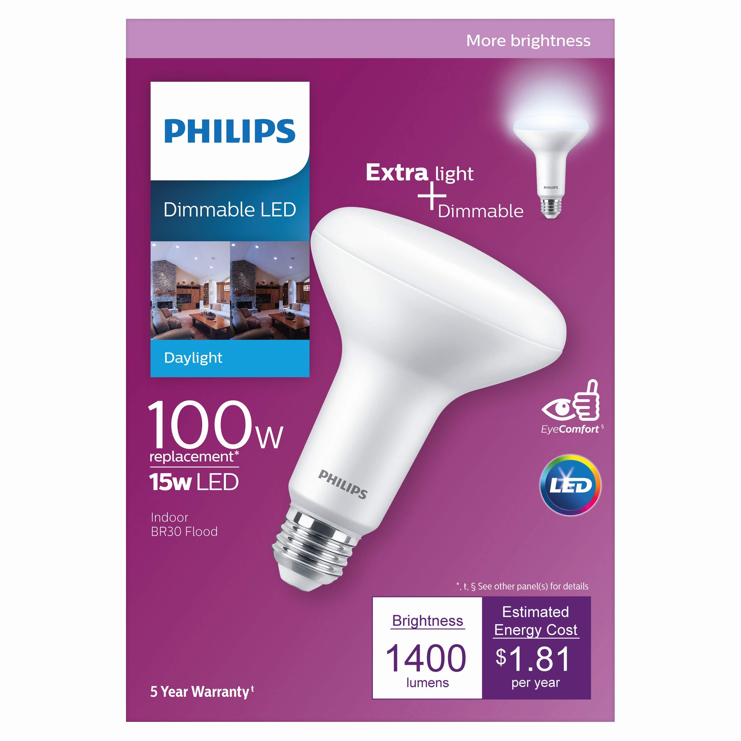 PHILIPS LED Flicker-Free High Lumen Dimmable BR30 Flood Light Bulb, 1400 Lumen, Daylight (5000K), 15W=100W, E26 Base, Title 20 Certified, 4-Pack