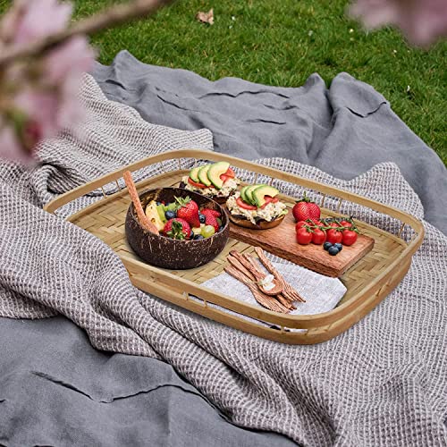 Rectangular Bamboo Wicker Serving Trays with Handles, Handwoven Coffee Trays for Coffee, Breakfast, Bread, Food, Dish and Decorative Trays for Dining Table