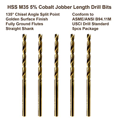 MAXTOOL No.14 5pcs Identical Jobber Length Drills Dia 0.182" HSS M35 Cobalt Twist Drill Bits Wire Gauge Numbered Golden Straight Drills; JBN35G10R14P5