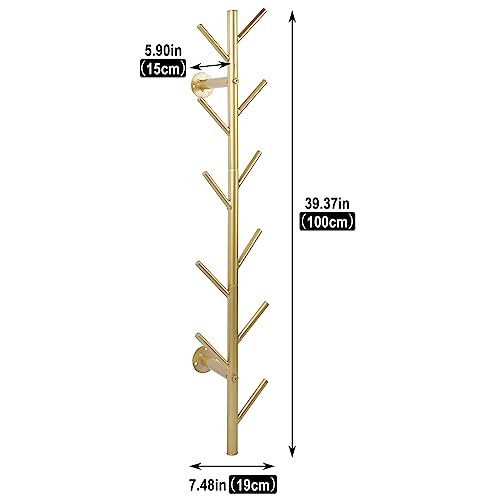 SHENGTIAN 39.37in Gold Metal Tree Branch Wall Mounted Coat Rack, Hat Tree For Wall,Purse Rack With 11 Hooks, Space Saving And Easy Installation, Suitable For Living Room, Bedroom (Gold-Y)