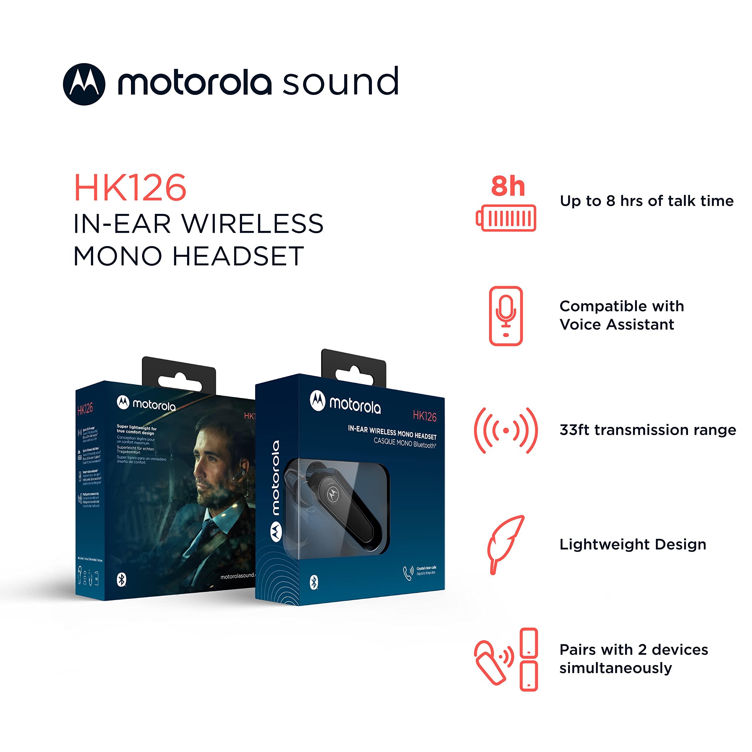 Motorola Sound HK126 Bluetooth Earpiece - in-Ear Wireless Mono Bluetooth Headset with 8-Hour Talk Time, Voice Assistant Compatible, Connects to 2 Devices - Lightweight Bluetooth Phone Earpiece