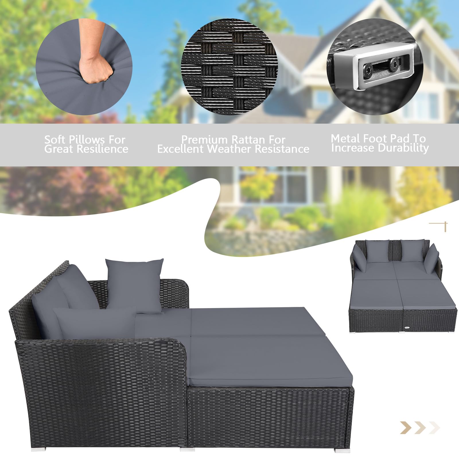 Tangkula Patio Rattan Daybed, Patiojoy Outdoor Sunbed with Spacious Seat, Upholstered Cushion & High-Resilience Sponge, Wicker Patio Sofa Set with Extra Pillows for Poolside, Porch, Backyard (Grey)
