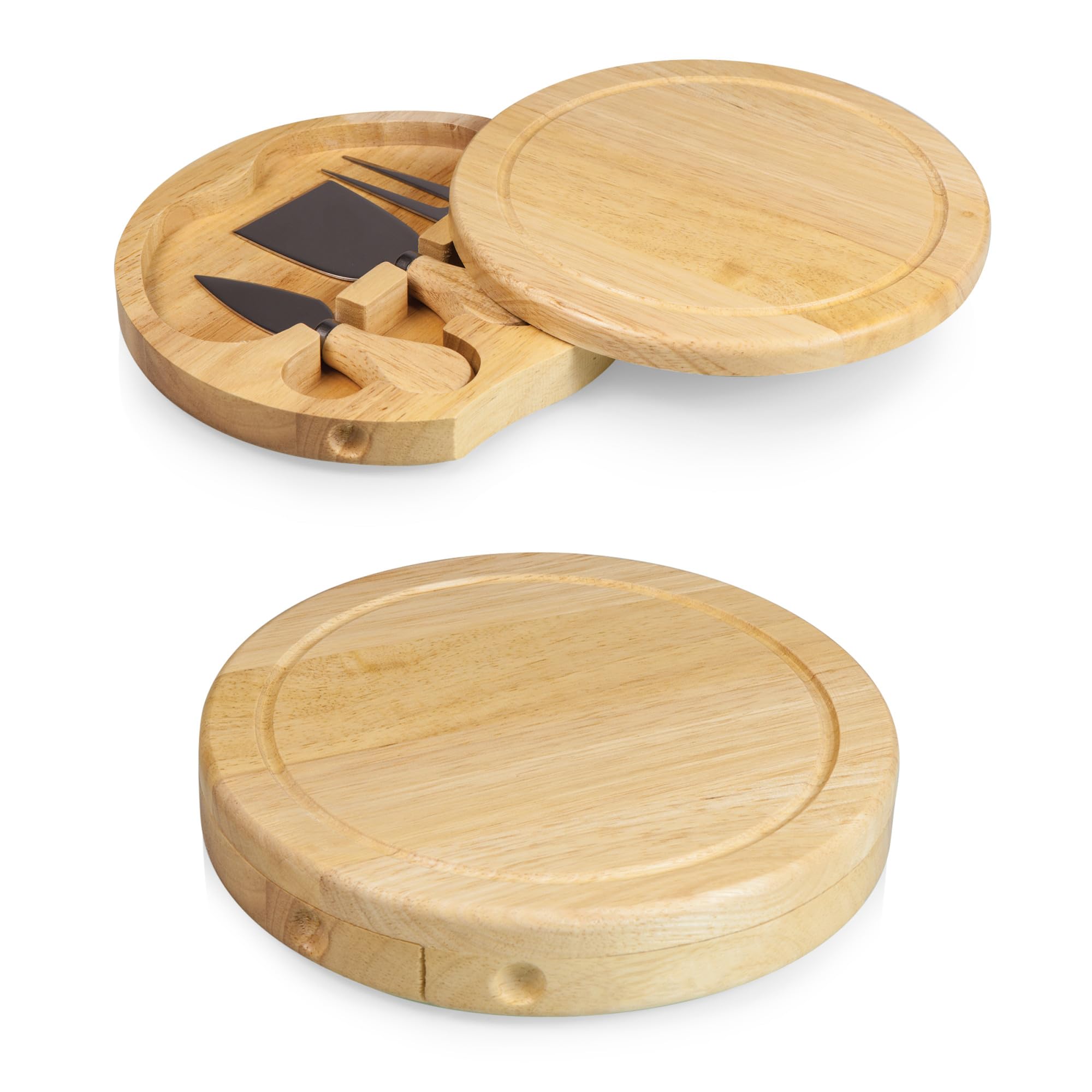 PICNIC TIME Circo Brie Cheese Knife, Charcuterie, Wood Cutting Board, 7.5" Diameter - 4 Piece Set, Parawood