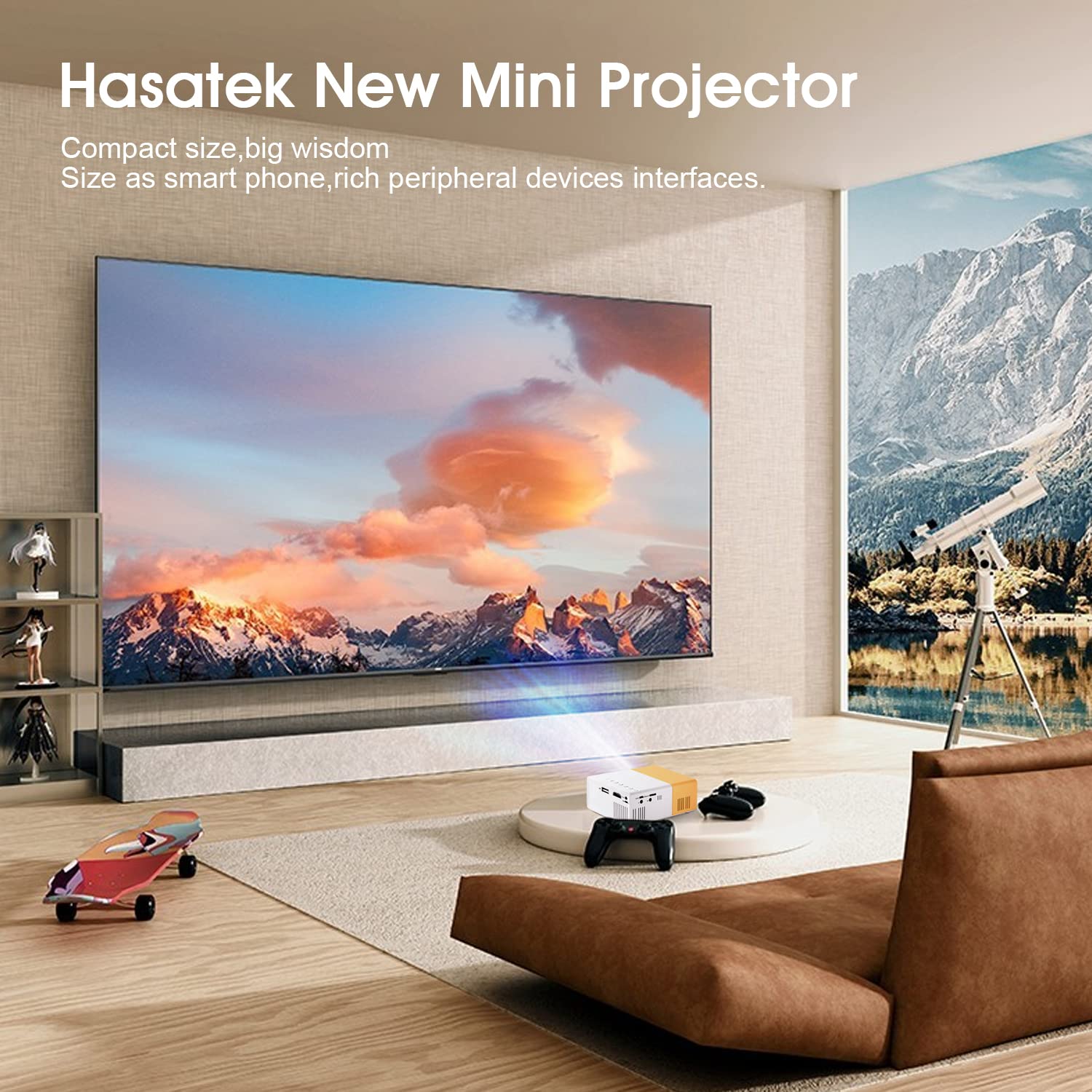 Mini Projector, Small Portable Projector for Cartoon, Kids Gift,Intelligent Home Projector with Apple Conversion Cable,Movie Projector Compatible with HDMI,USB,Audio,TF Card,AV and Remote Control
