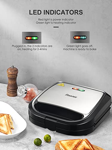 Sandwich Maker, Reemix Panini Press Sandwich Maker with Nonstick Surface Breakfast Sandwich Maker Easy to Clean and Storage, Indicator Light, Perfect for Breakfast Grilled Cheese Egg Bacon and Steak