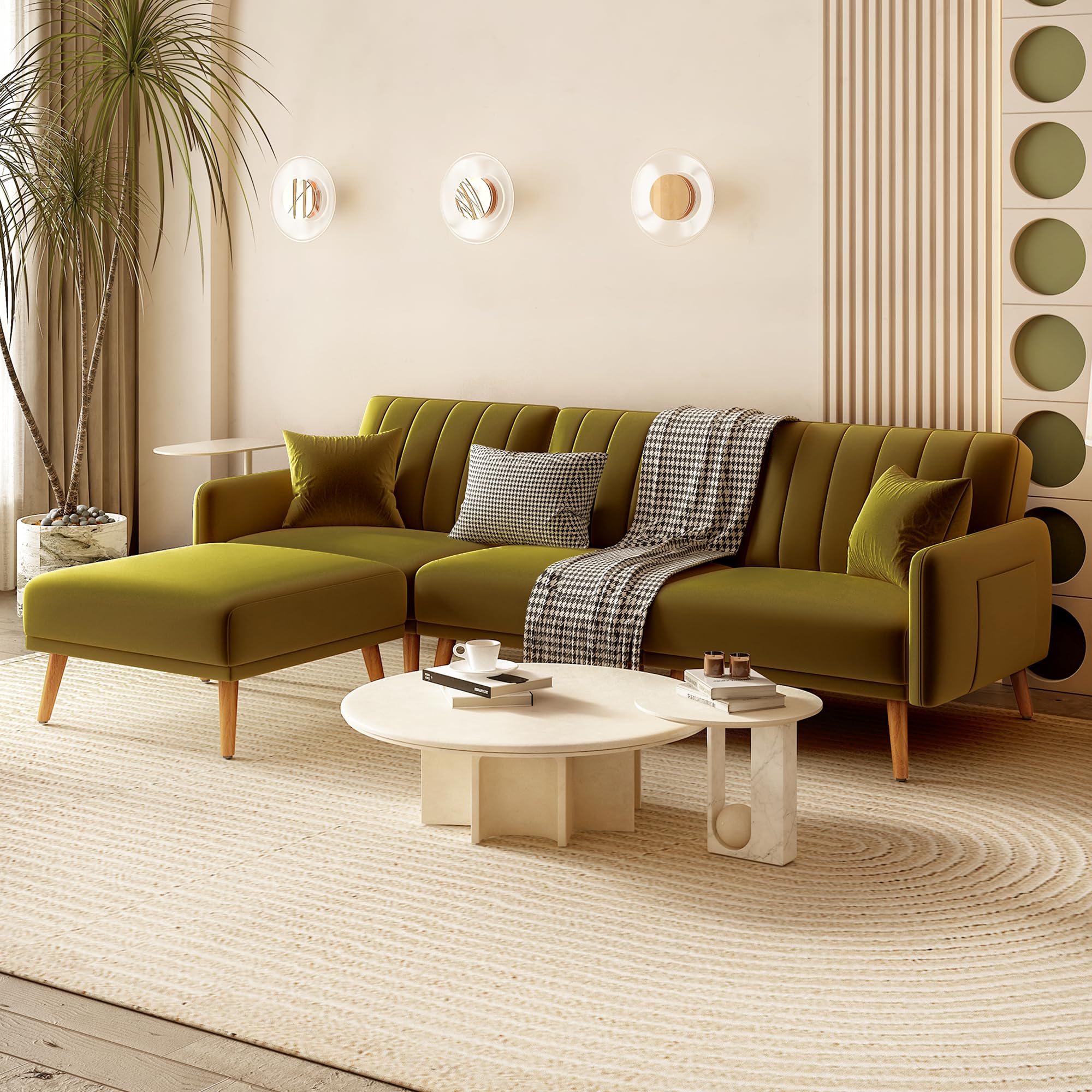 UPHYB 105" L-Shaped Velvet Sectional Sofa Couch, Modern Convertible Sleeper Sofa Bed with Adjustable Backrest, 2 Pillows and Ottoman, Modular Sofa Couch for Living Room and Apartment