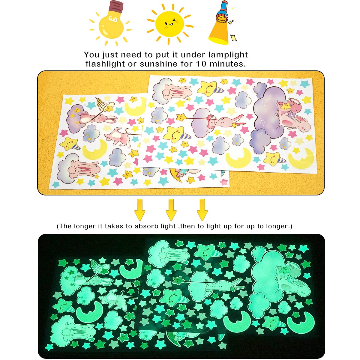 MESU Glow in The Dark Wall Decals Luminous Moon Stars Stickers Rabbit for Kids Bedroom Ceiling Decorate Starry Sky Star Rabbit