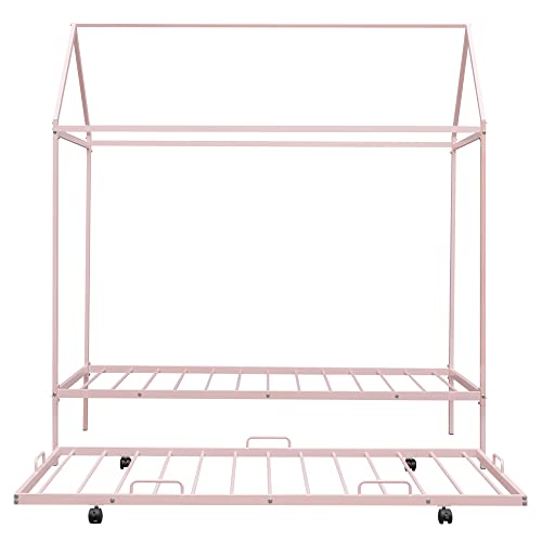 Merax Cute Montessori Bed with Trundle Twin, Metal Low House Daybed for Kids No Box Spring Needed/Space Spaving Pink