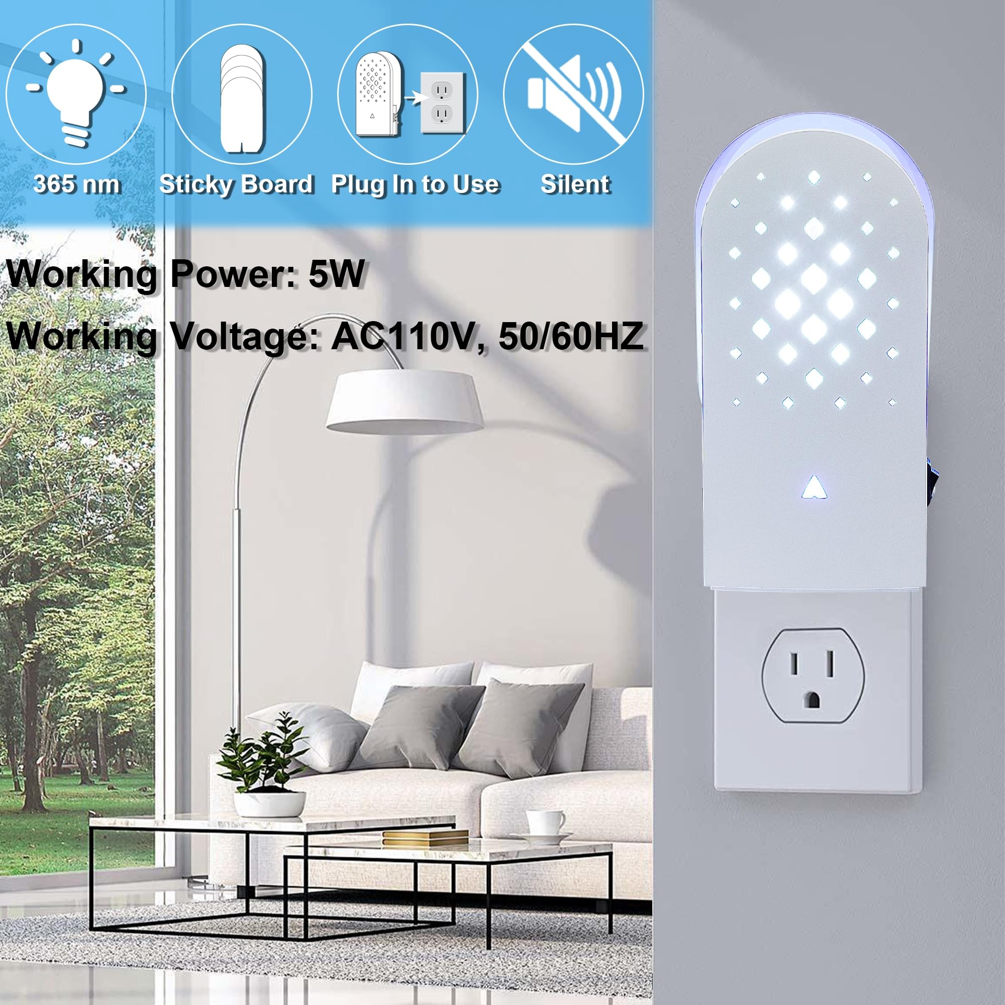 Phosooy 2 Packs Plug-in Mosquito Traps with 10 Glue Boards, Indoor Wall Insect Catchers with 365nm Blue-Violet Lights for Mosquitos, Moths, Fruit Flies, Gnats and Other Small Flying Bugs