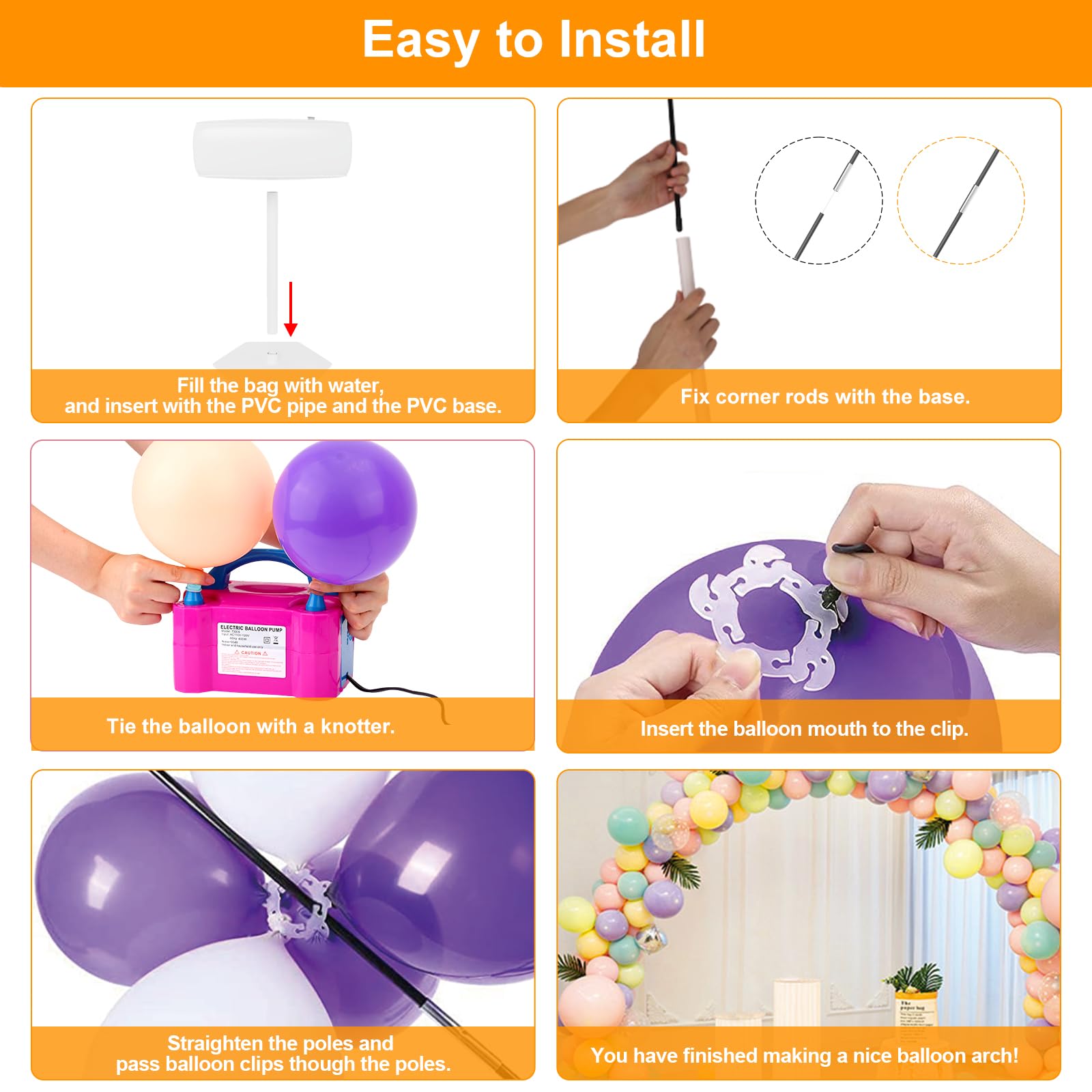 RUBFAC Balloon Arch Kit, 9ft Tall & 10ft Wide Adjustable Balloon Arch Stand with 2 PVC Bases,2 Water Fillable Bags, 60pcs Balloon Clips, 120pcs Rainbow Balloons, for Wedding Birthday Baby Shower