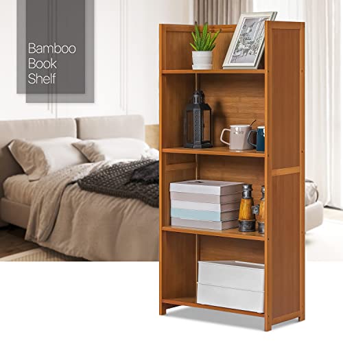 MoNiBloom 4 Tier Bookshelf, Bamboo Display Shelves Bookcase Storage Book Shelves Organizer Freestanding for Living Room Bedroom Office Décor, Brown