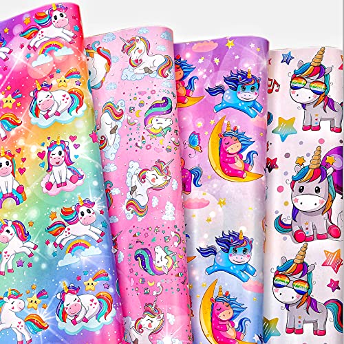 THMORT Unicorn Wrapping Paper For Girls kids, Barbie, Women. Birthday Wrapping Paper Includes 4 Princess Pink Designs Of Rainbow, Star, Diamond, Happy Lovely cute for Holidays Baby Shower Party, glitter shine 12 thick Sheets Folded Flat 20 × 29 Inches