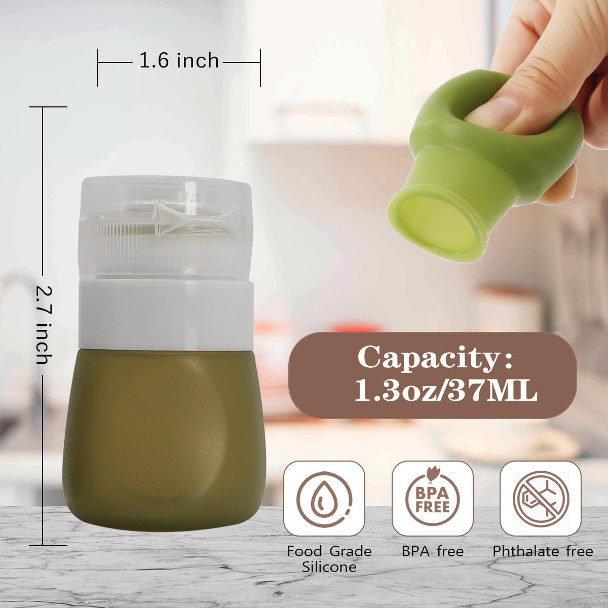 Ksooly 4-Pack 1.3Oz. Squeeze Salad Dressing Bottles with Cleaning Brush, Small Salad Dressing Container to Go, Portable Sauce Condiment Bottles, Food-grade Silicone, BPA Free