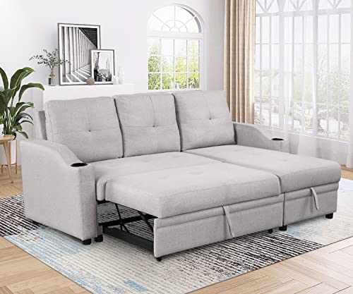 Merax L Shaped Sectional Sofa with Pull-Out Sleeper Bed Chaise Lounge for Living Room, Apartment or Small Spaces Love Seats, Antique Gray w/Storage