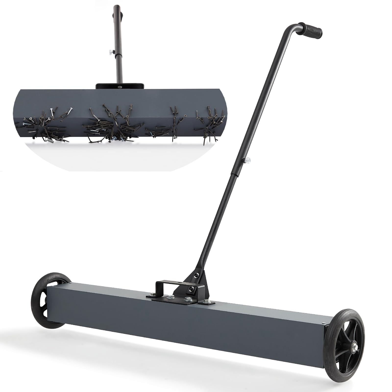 Rolling Magnetic Sweeper 24-inch with Wheels, Push-Type Magnetic Pick-Up Sweeper Quick Release Latch 24-inch Large Magnet Pickup Lawn Sweeper with Telescoping Handle Magnetic Pickup Tools