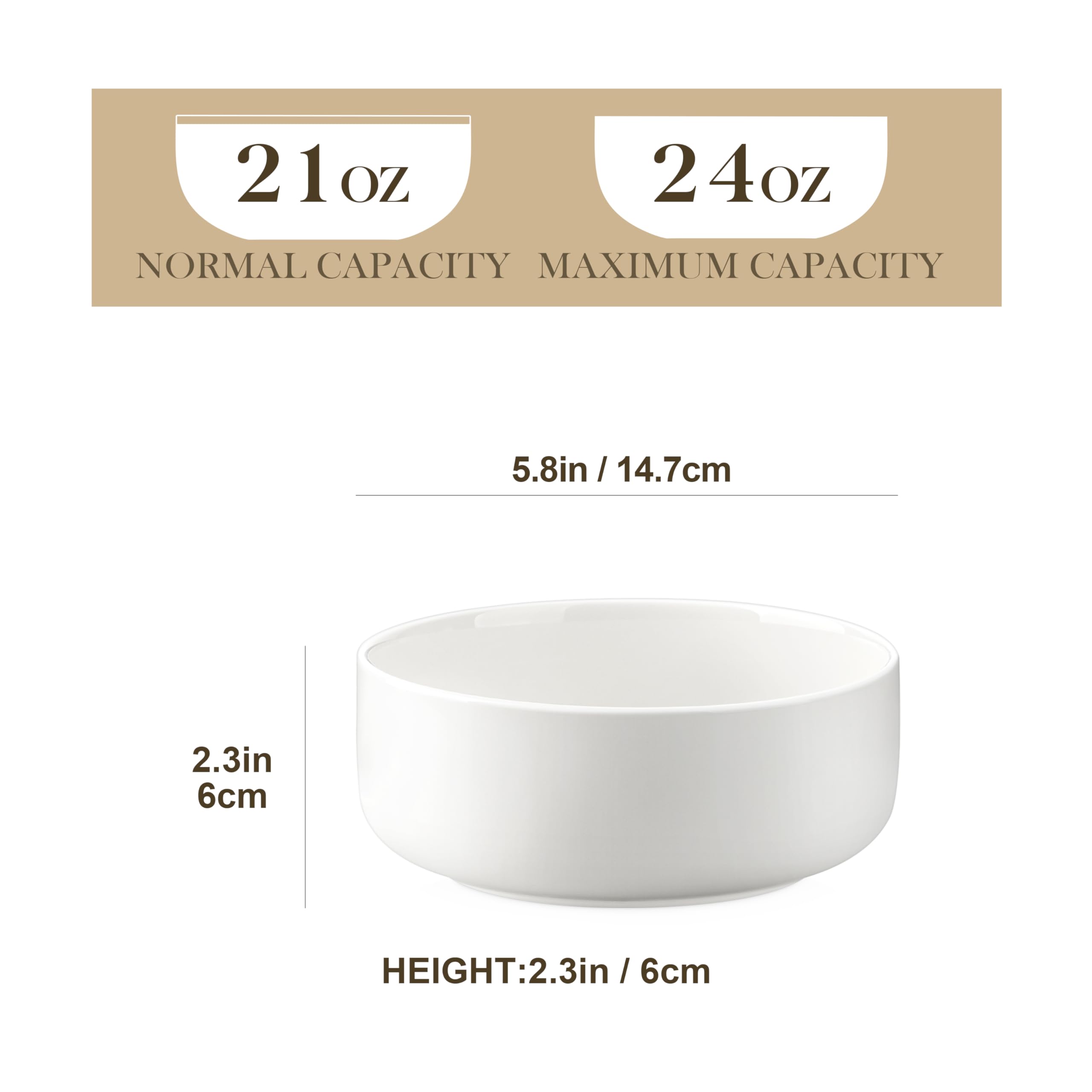 MALACASA 24 OZ Cereal Bowls, Porcelain Soup Oatmeal Bowls Kitchen Ceramic Bowls Set of 4 Dishwasher Microwave Oven Safe, White, Series LUNA