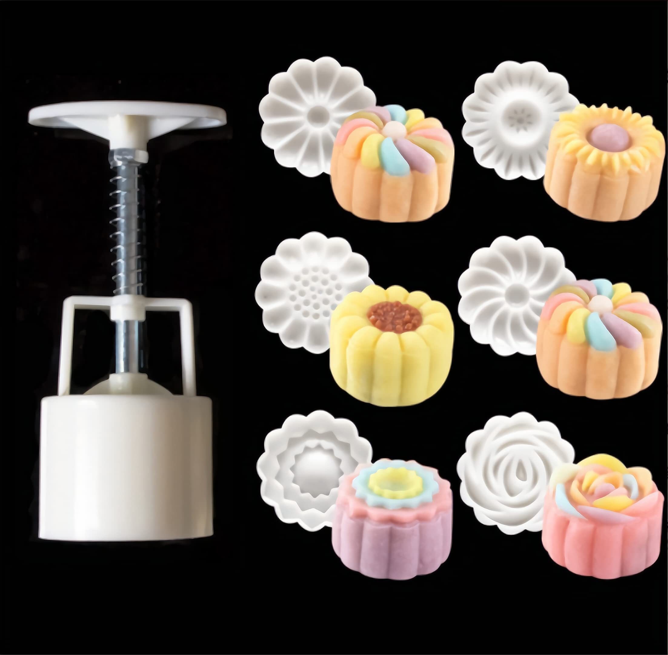 LIUSM Mid-Autumn Festival DIY Hand-Pressure Moon Cake Mould，50g Moon Cake Mold Set(1 Mold 6 Stamps)